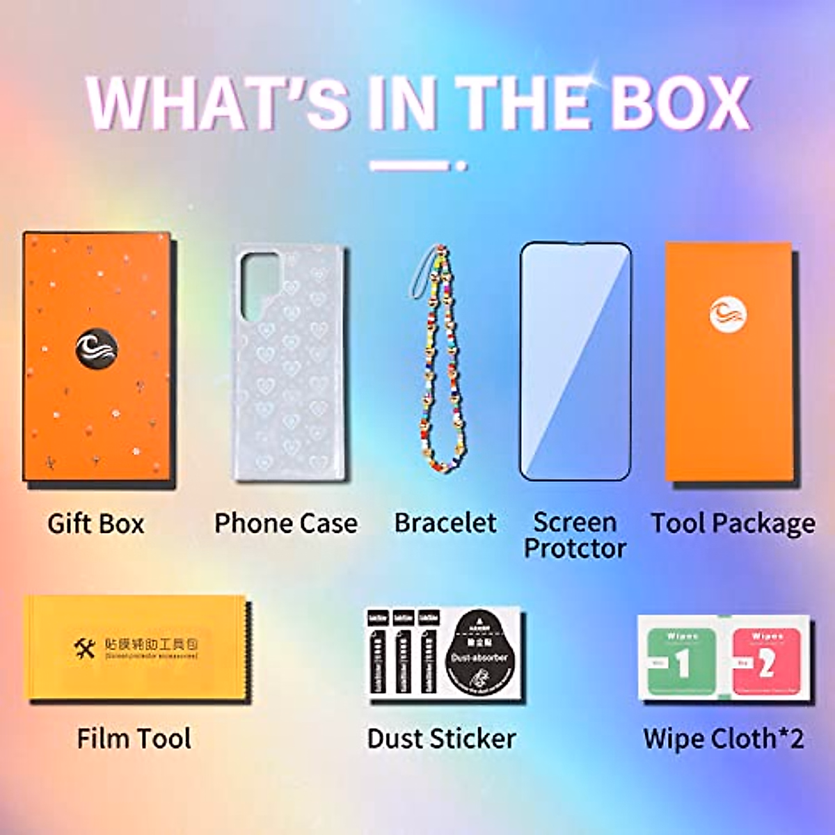 Shorogyt Holographic Heart Case for Samsung Galaxy S22 Ultra 5G/4G 6.8 inch Cute Clear Love Hearts Cases Glitter Laser Bling Women Girls Aesthetic Design Cover+Screen+Chain for 22 Ultra 6.8”(3in1)