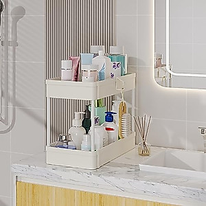Boeeoan Under Sink Organizers Storage Rack, 2 Tier Under Bathroom Cabinet Shelf Basket, Multi-Purpose Storage Cart with Hooks for Kitchen Bathroom Bedroom Livingroom, White