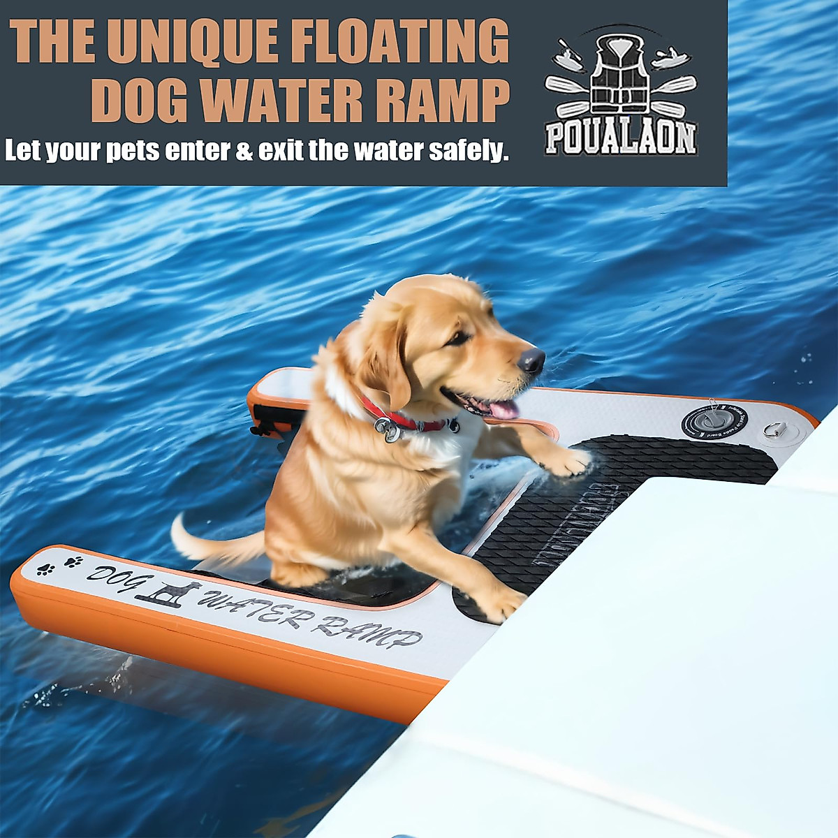 POUALAON Inflatable Dog Boat Ramp | Dog Water Ramp for Boat, Dock, & Pool | Dog On Water Ladder Steps | Safe & Easy Access for Dogs Up to 200 lbs | Large Steps & Sturdy Material