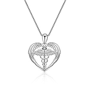 YFN Sterling Silver Caduceus Angel Nursing Themed Pendant Necklace 18" (Nurse Necklace) (Nurse Necklace) (Silver)