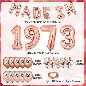 Rose Gold 50th Birthday Decorations Set 15 Pcs Rose Gold Happy 50th Birthday Latex Balloons and Large Made in 1973 Foil Balloons Banner Backdrop for Women Fifty Year Old Birthday Party Decor Supplies
