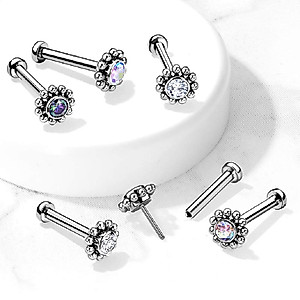 Pierced Owl 16-18G G23 Implant Grade Titanium Threadless Push-in CZ Crystal Center Flower with Beaded Edge Flat Back Lip Cartilage Ear Stud (Clear, 16GA)