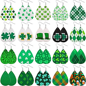 20 Pairs St. Patrick's Day Earrings Shamrock Dangle Earring Faux Leather Clover Drop Earrings Green Teardrop Earrings for Women Gift