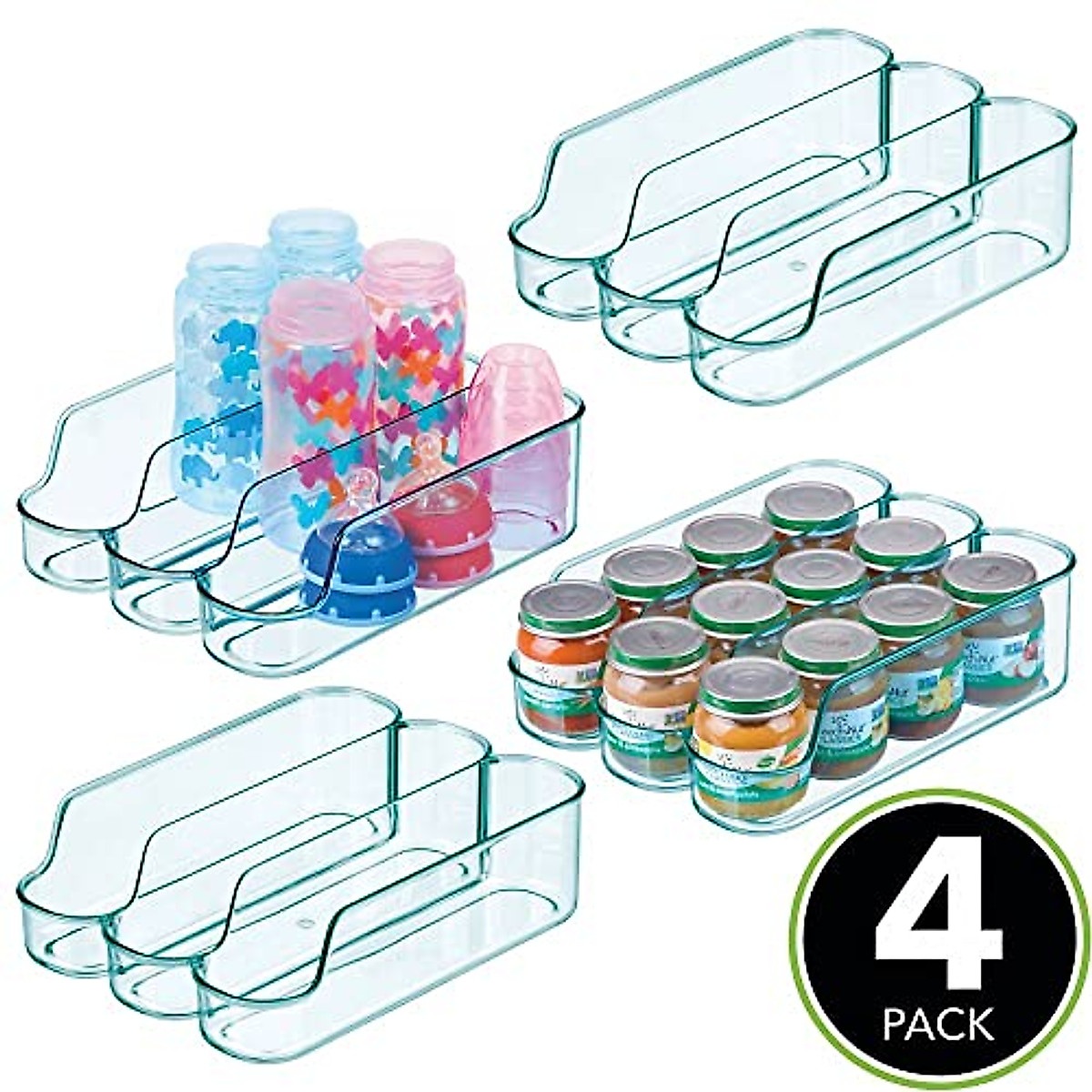 mDesign Plastic Kitchen Storage Divided Bin for Child/Kids Supplies - 3 Compartments to Organize Baby Food Jars, Pouches, Bottles, Sippy Cups, Cans, Pacifiers, Shampoo - 4 Pack - Blue Tint