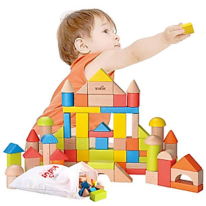 ZONXIE Classic 80pcs Wooden Natural and Color Building Blocks Set for Toddlers 1 2 3 4 Years Educational Preschool Learning Toys with Carrying Bag (Small-Natural)