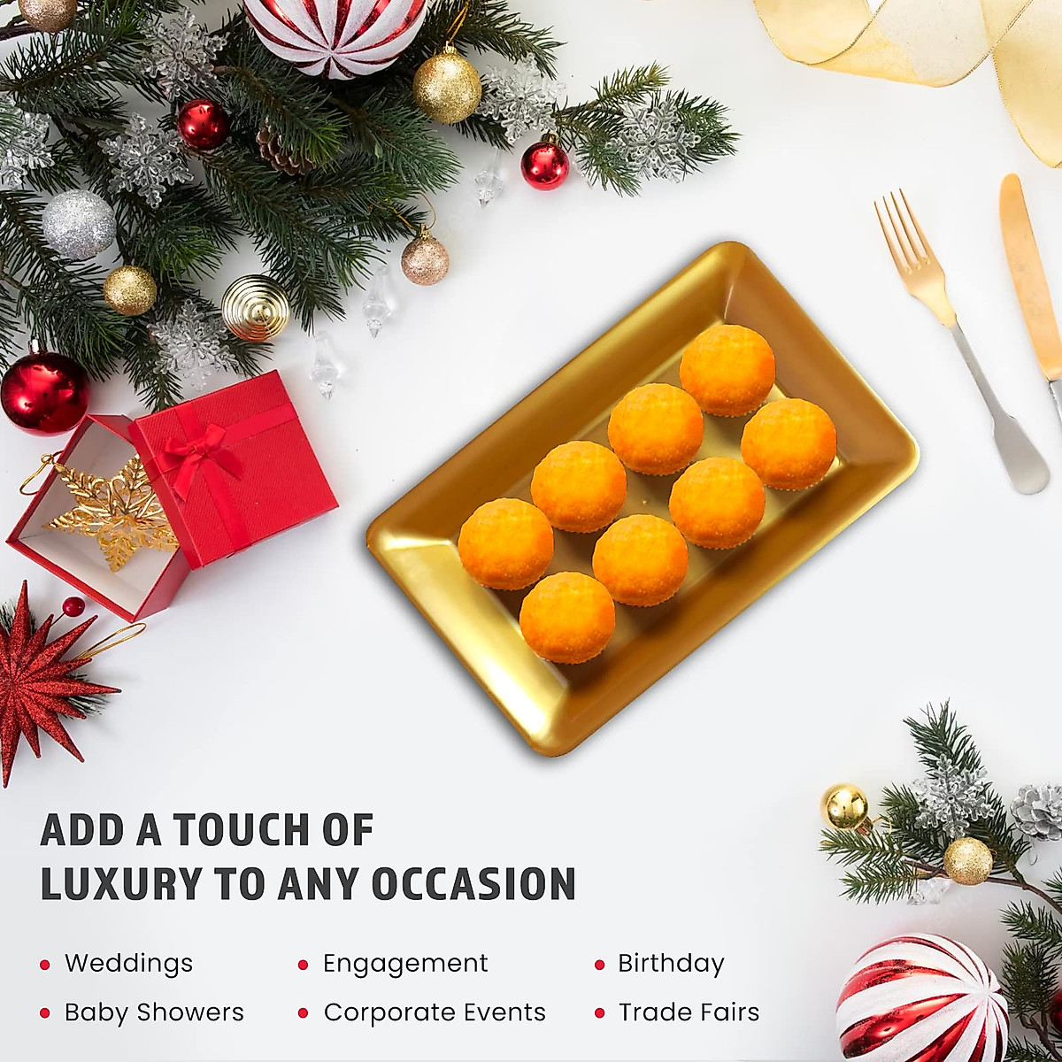 Yumchikel Plastic Serving Tray Set, Hard Plastic Serving Platters for Serving Food, Gold Serving Trays for Parties, Weddings, Food Trays for Party Buffet, Dessert Tables, 10" x 14", 4 Pack