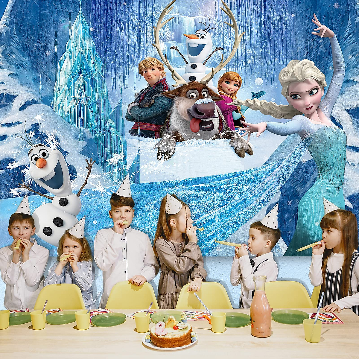 Frozen Backdrop,7x5FT Frozen Theme Happy Birthday Backdrop for Girls Elsa Princess Background Frozen Photography Background Party Supplies Blue