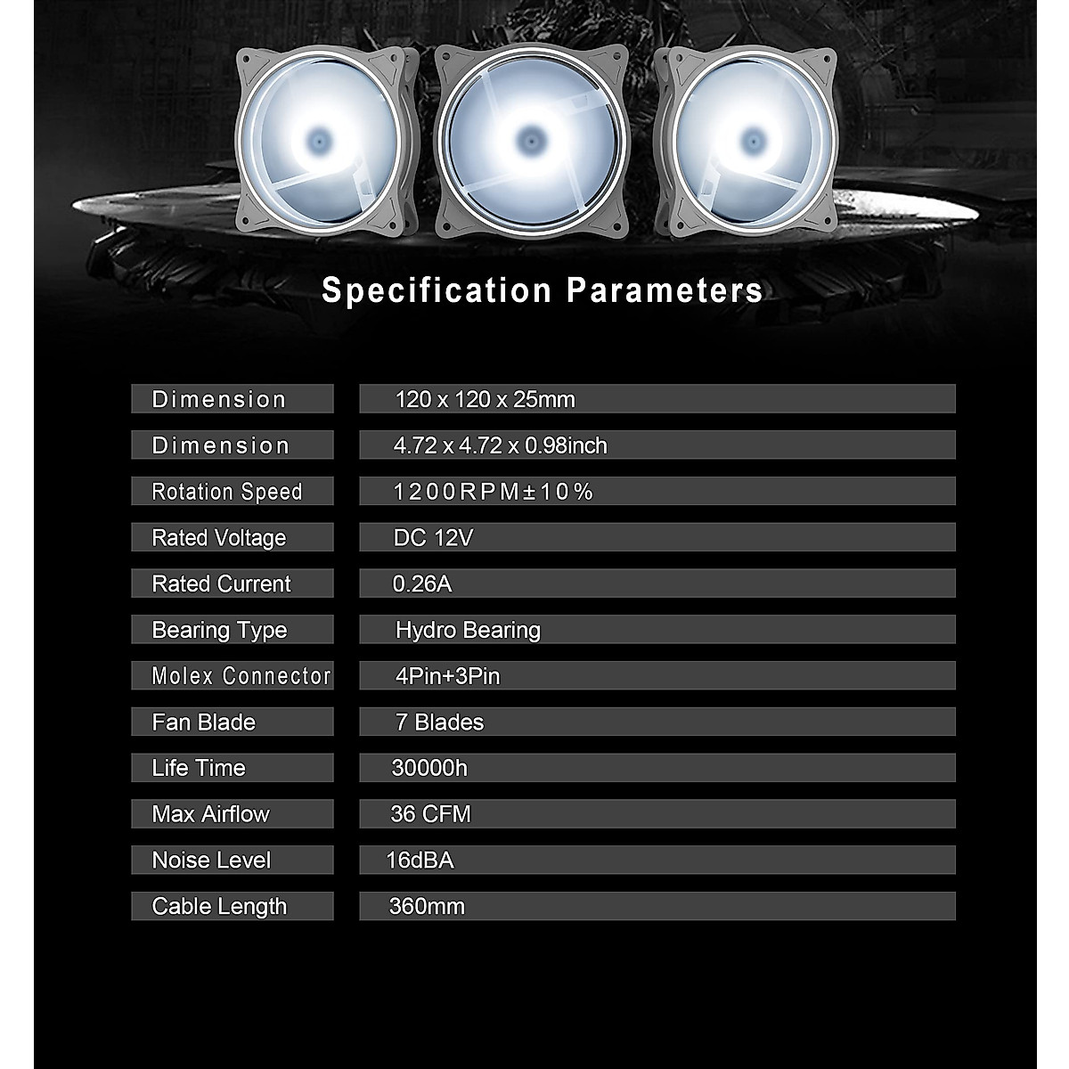 120mm Computer PC Cooling Fan White LED Game Case Cooler Fan Quiet 12V Computer PC Fan with Triple Light Loop 3-Pack