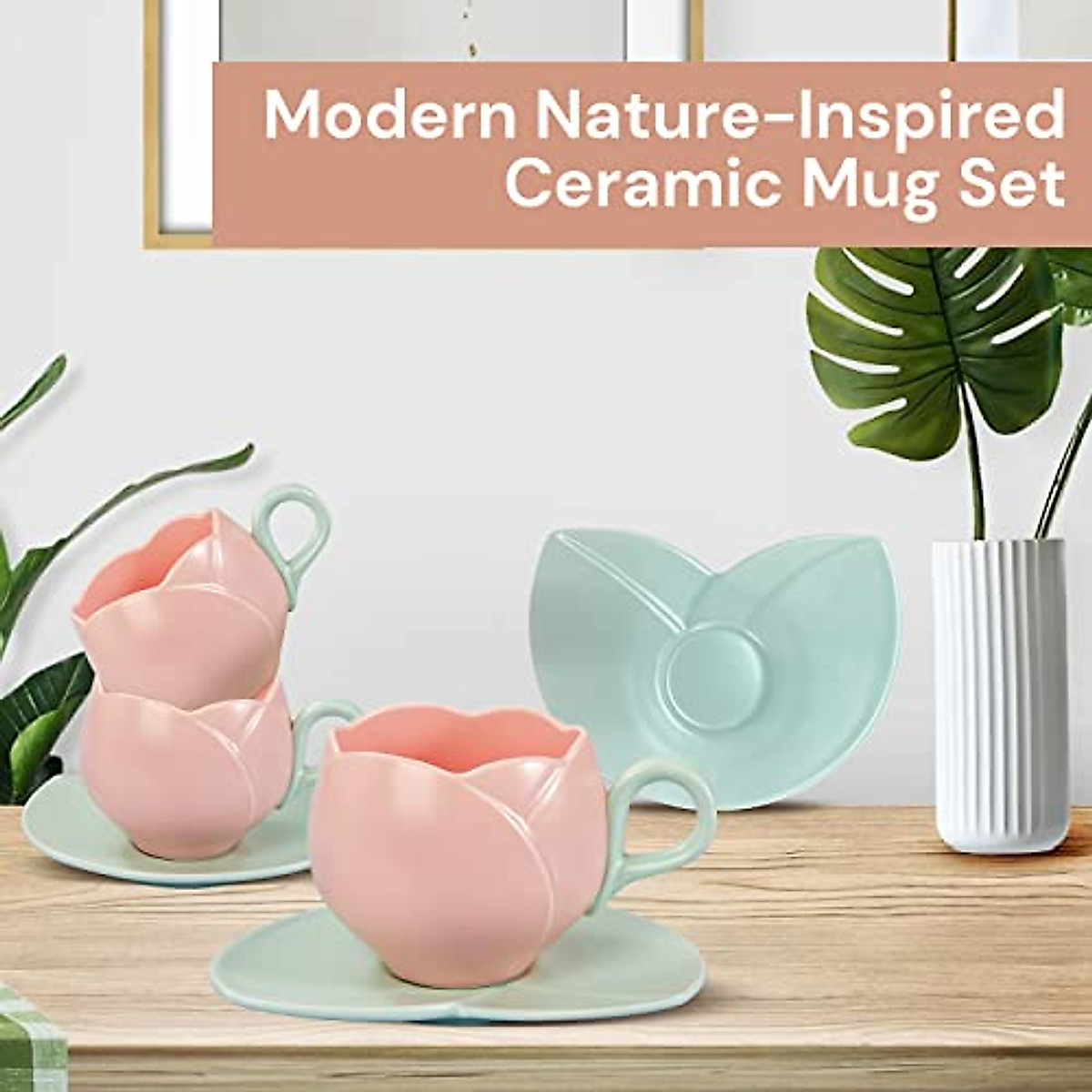 VIVERIE 10 oz Pink Flower Teacup and Saucer - Leaf Heart Tea Cup Saucer, Cute Coffee Mug, Tea Mug, Hot Teacup Set, Tea Accessories for Women, Mom, Friends, Birthday, Christmas Gift, Pink Christmas Mug