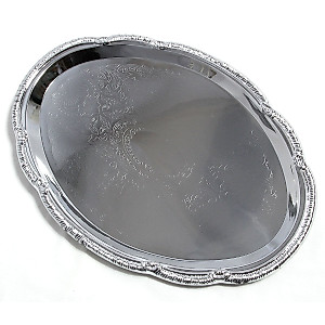 Maro Megastore (Pack of 4) 14.7" x 10.6" Oval Shape Chrome Plated Serving Tray Plate Food Art Deco Floral Pattern Engraved Multi-Purpose Holiday Party Buffet Wedding Birthday (Large) T125L-4PK