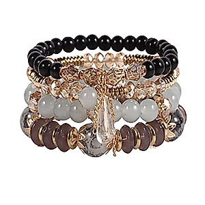 Solosoya Bohemian Stackable Bracelets Set for Women Multipack Multilayer Girls Elastic Rope Boho Colorful Stack Beads Bright Beaded Bracelets with Clear Vertebral Pendant Handmade Ladies Stretch Jewelry Accessories 6 Pack