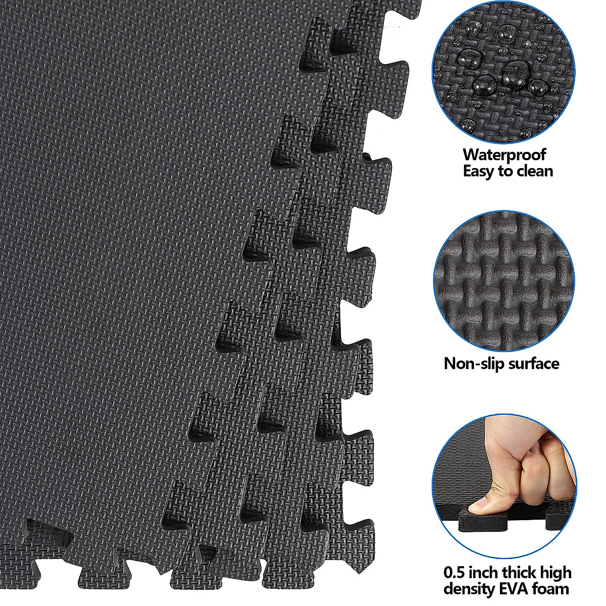 F2C 6 Pieces Puzzle Exercise Mat EVA Foam Interlocking Tiles with 12 End Borders for Gym Home Exercise Workout Floor Protecting Black