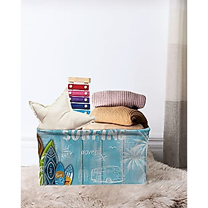 Storage Basket Summer Surfing Storage Bins Decorative Surfboard Tropical Palm Leaf Wood Grain Foldable Baskets for Toys Decorative Baskets for Closet Nursery