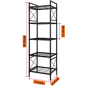 YOHKOH 5 Tier Metal Storage Rack Closet Shelves,Standing Storage Shelf Units for Laundry Bathroom Kitchen Pantry Closet(Black,17.0L x 12.9W x 53.3H)