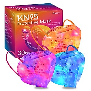 Rasav KN95 Face Masks, 30 Pack Comfortable 5 Layer Cup Dust Safety Mask, Muti-Colored Design KN95 Mask with Elastic Ear Loops for Women, Men