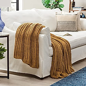 Chanasya Chunky Knit Fluffy Gold Yellow Throw Blanket - Contemporary Textured Super Soft Warm Cozy Plush Lightweight Acrylic Knitted Blanket for Couch Bed Sofa Chair Cover Living Bed Room - Golden