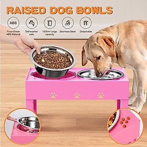 LAKIPETN Elevated Dog Bowls with 2 Stainless Steel Dog Food Bowls 5 Height Adjustable Raised Dog Bowl Stand Non-Slip Dog Feeder Adjusts to 3.1”, 9”, 10”, 11”, 12” for Medium Large Dogs - Pink