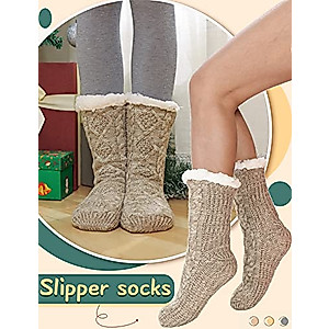 Fuzzy Slipper Socks for Women Fluffy Cozy Cabin Fleece Winter Warm Plush Home Thick Comfy Grips Non Slip Socks Christmas Gift Stocking Stuffer（Knit- Beige）