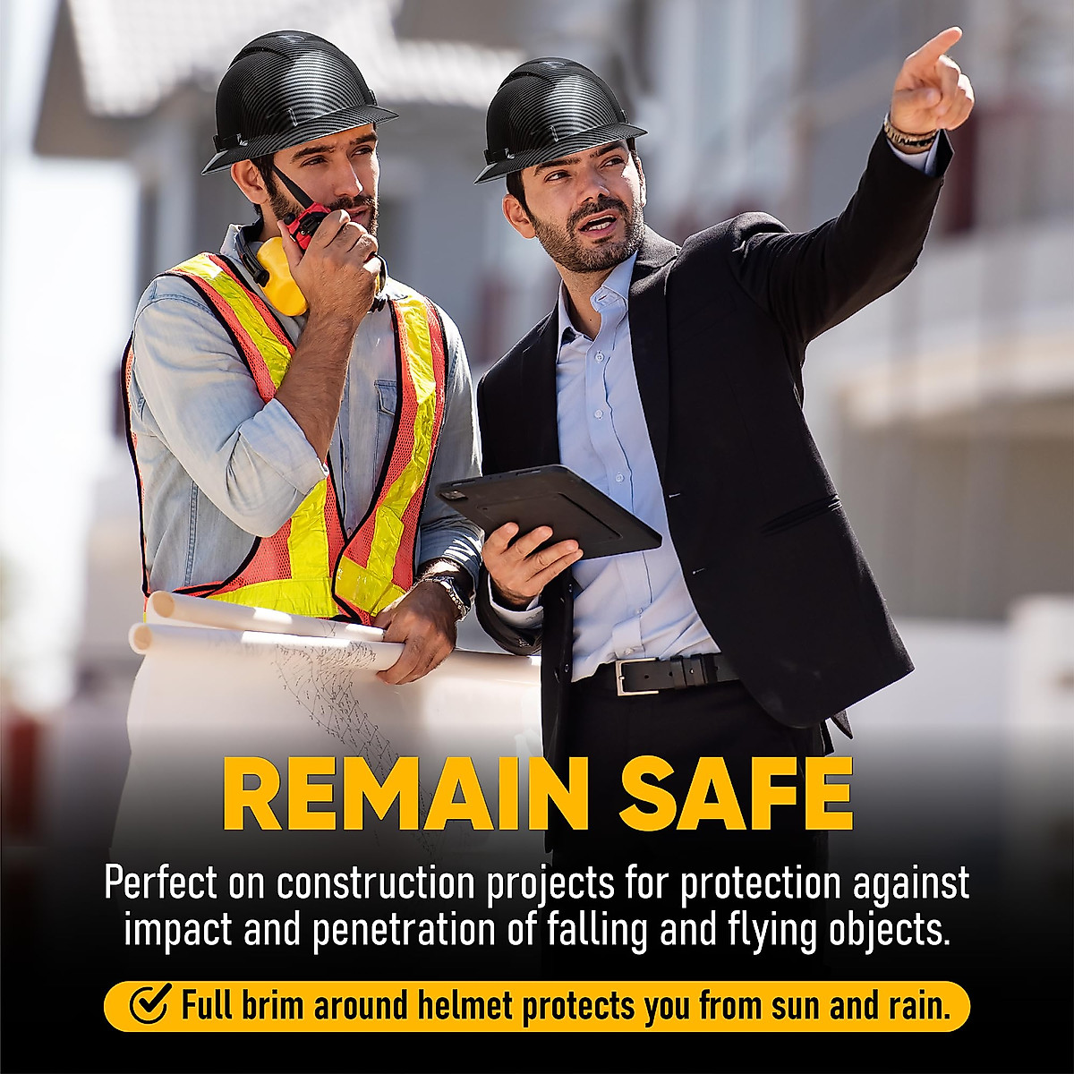 Hard Hat Construction OSHA Approved Vented Full Brim Safety Helmet Black Design Hard Hats, Cascos De Construccion Work Hardhat, 6 Point Ratcheting System | Meets ANSI Z89.1