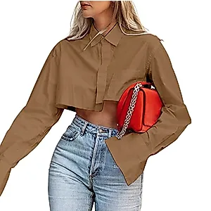 SAFRISIOR Women Solid Button Down Turn Down Collar Crop Shirt Long Sleeve Loose Aesthetic Irregular Crop Blouse Tee Top