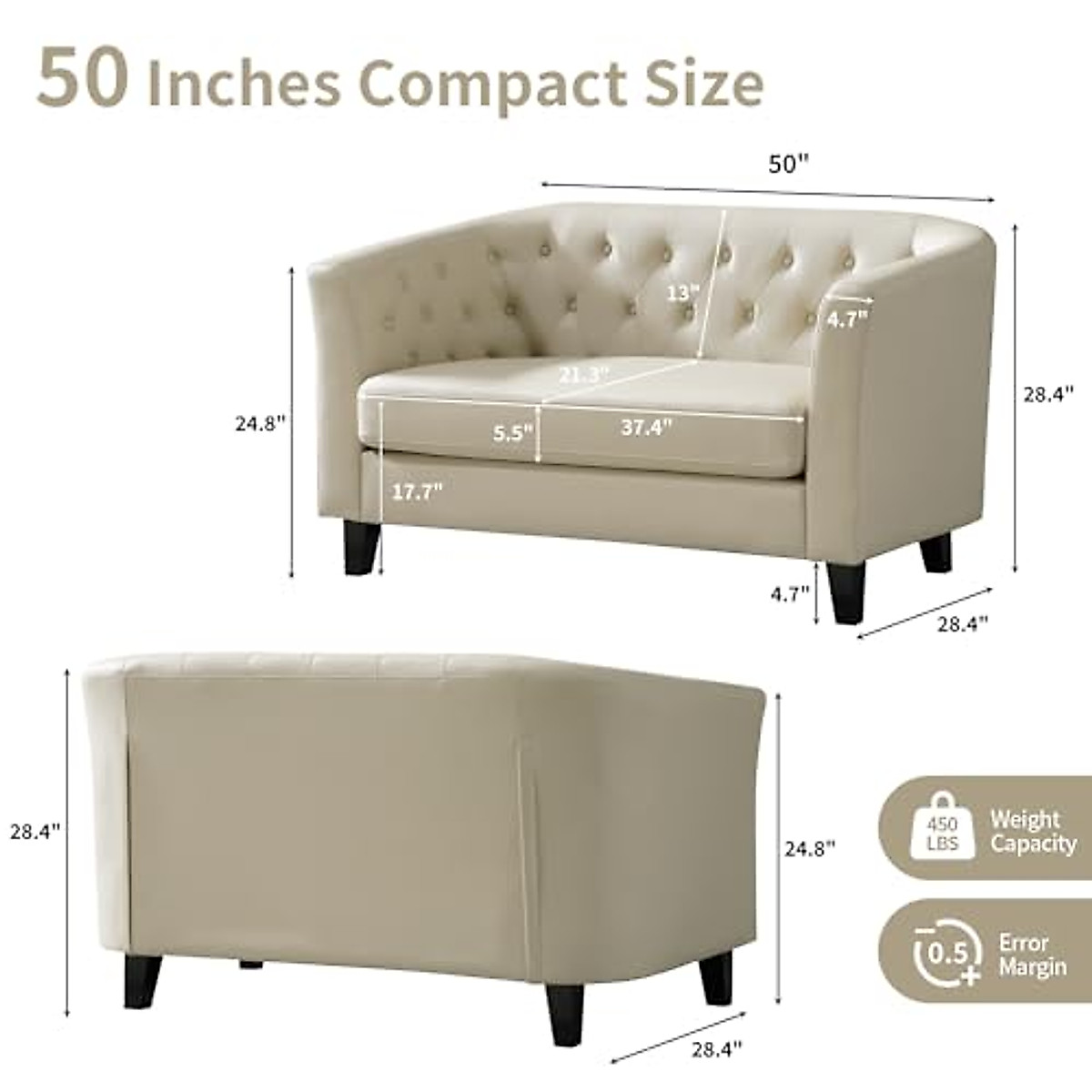 Husbedom 50 Inches Loveseat, Small Air Leather Couch for Small Spaces, Mini Sofa with Button Tufted Décor for Bedroom, Love Seats Furniture, Living Room, Bedroom, Apartment, Dorm, Beige