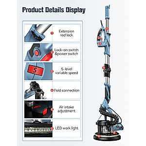 Handife Drywall Sander 800W 7A Drywall Sander with Vacuum Auto Dust Collection, Variable Speed 800-1800RPM Drywall Power Sander with Double-Deck LED Lights, Extendable Handle, Carrying Bag