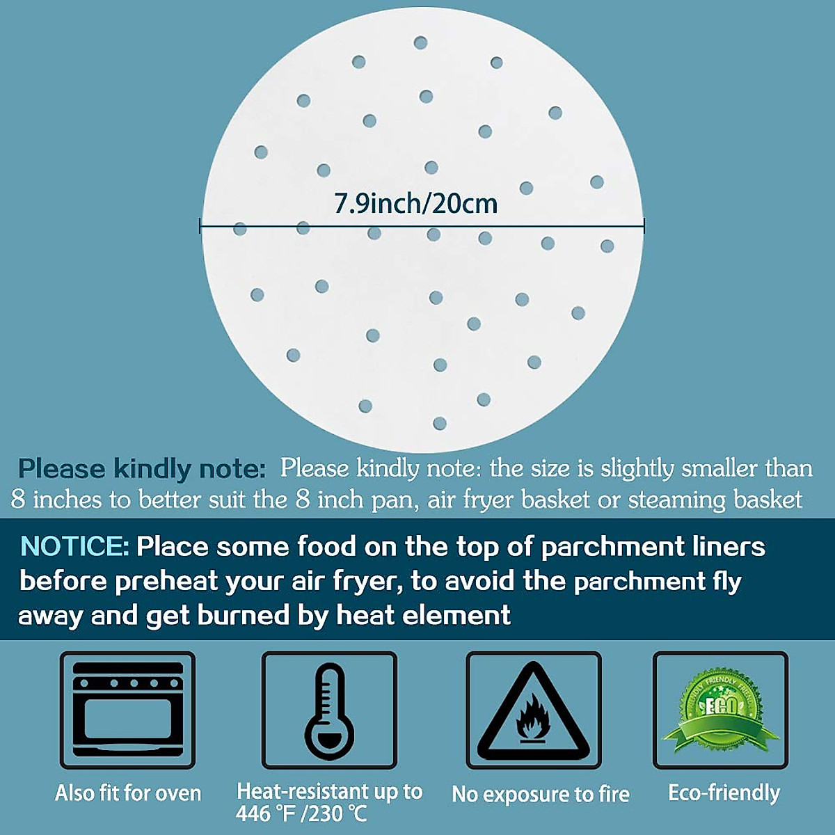 Perforated Parchment Paper, Set of 100, 8 inch Liner/Bamboo Steamer Paper/ Parchment Paper for Air Fryer, Steaming Basket and More (6/7/9/10 Inch Available)