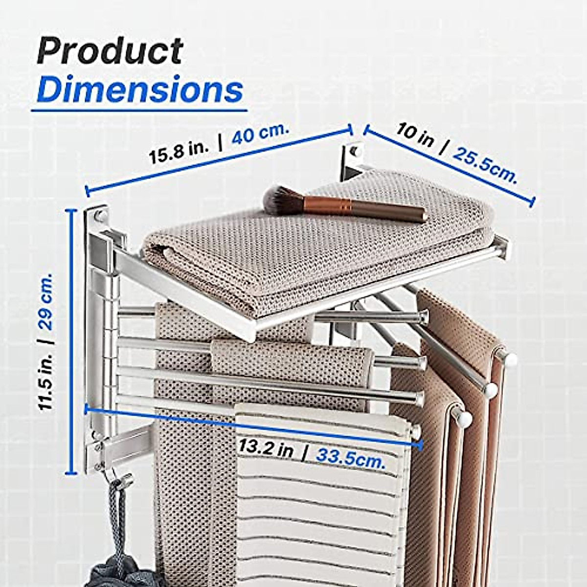 Juselove Wall-Mounted Drying Rack – Drying Rack with Broom Holder and Laundry Bag – Multifunctional Clothing Drying Rack with Swing Arms and Hooks – Space-Saving Laundry Rack for Clothes, Towels