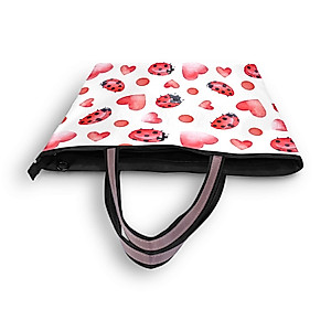 OTVEE Valentine Ladybug Pink Hearts Woman Tote Bag Top Handle Handbag for Work Travel - M Size