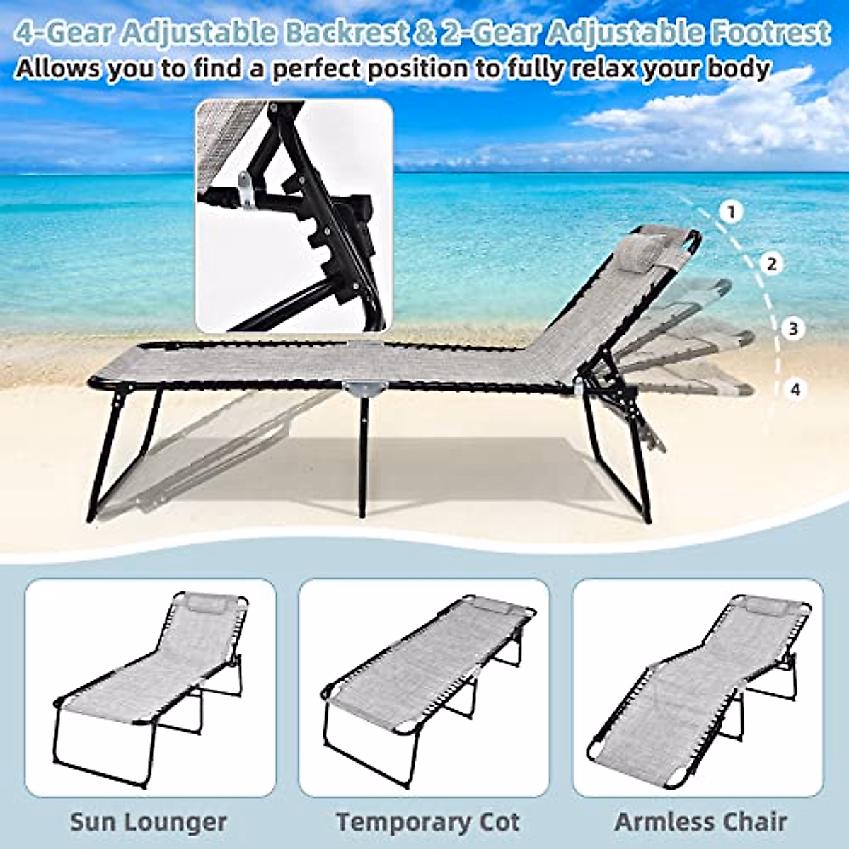 Giantex Patio Lounge Chair Folding Tanning Chair, Sunbathing Chaise Lounge W/Removable Headrest, 4-Gear Backrest, 2-Position Adjustable Anti-Skid Foot-Pads, Portable Camping Beach Chair (1, Gray)