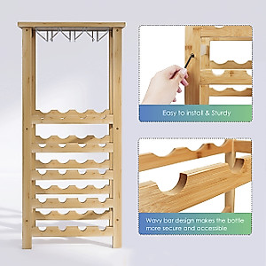 SMIBUY Wine Rack with Glass Holder & Table Top, 20 Bottles Storage, Floor Free Standing Bamboo Display Shelves for Home, Kitchen, Pantry, Cellar, Bar (Natural )