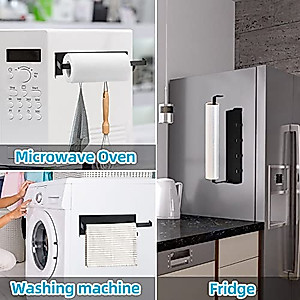 Magnetic Paper Towel Holder,Rotatable Magnetic Paper Towel Roll Holder Kitchen Paper Towels Holder Magnetic with 5 Hooks,Black Magnetic Towel Bar for Refrigerator,Grill,Kitchen,Fridge,Garage