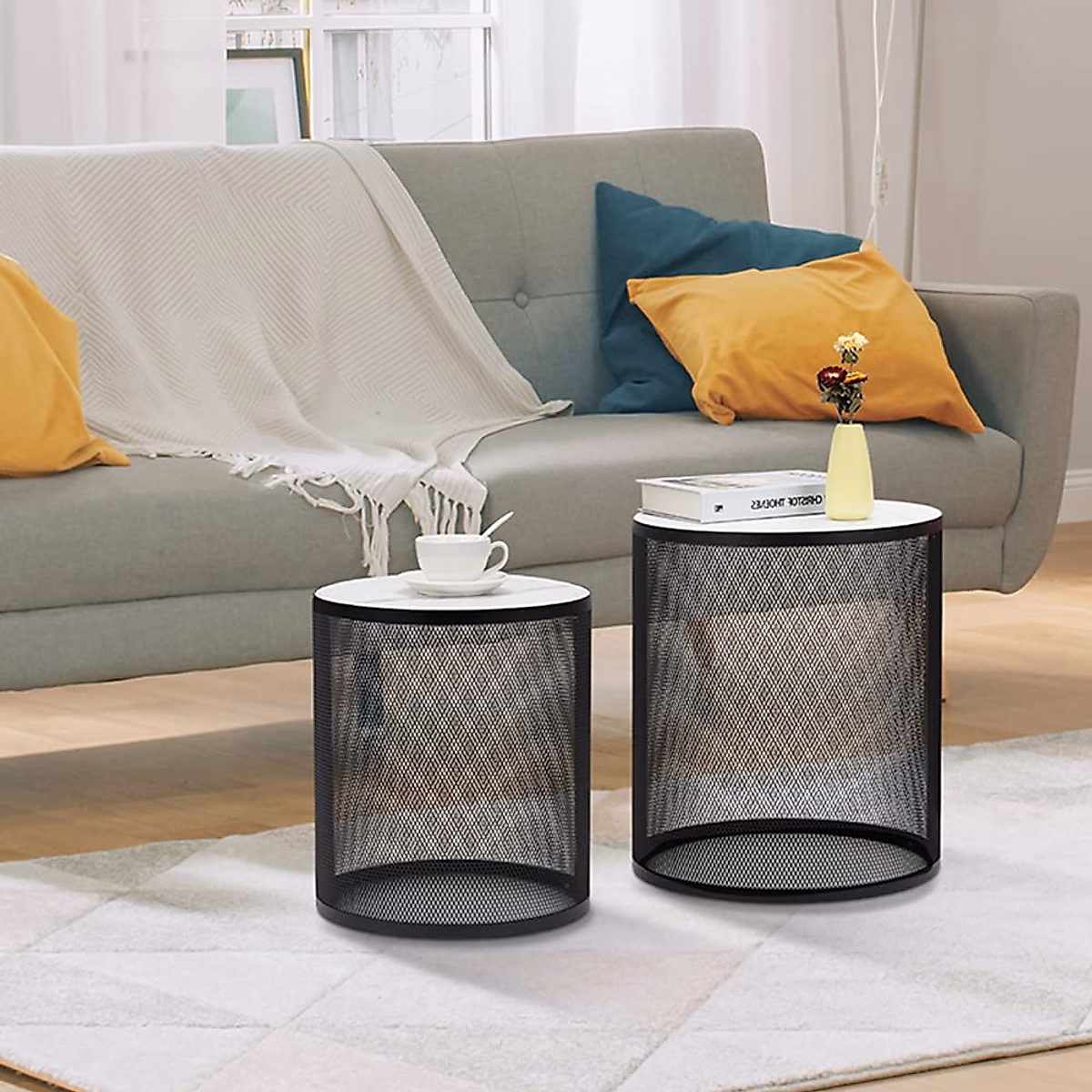 NordStorm Nesting Coffee Table Set of 2, Metal Side End Table, Modern Net Hollow Coffee Table Set for Office, Bedroom and Living Room, Black