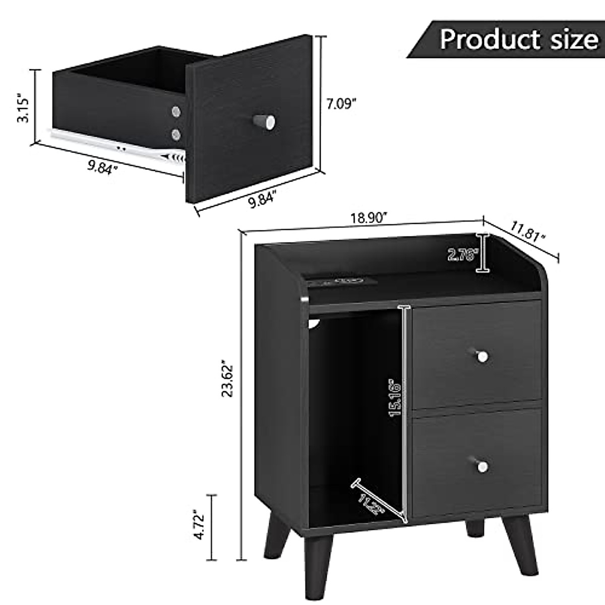 Saudism LED Nightstand with Wireless Charging Station, RGB Lights Night Stands for Bedroom, Smart Charging Bedside Table End Table with Two Drawers and Open Shelves (Black)