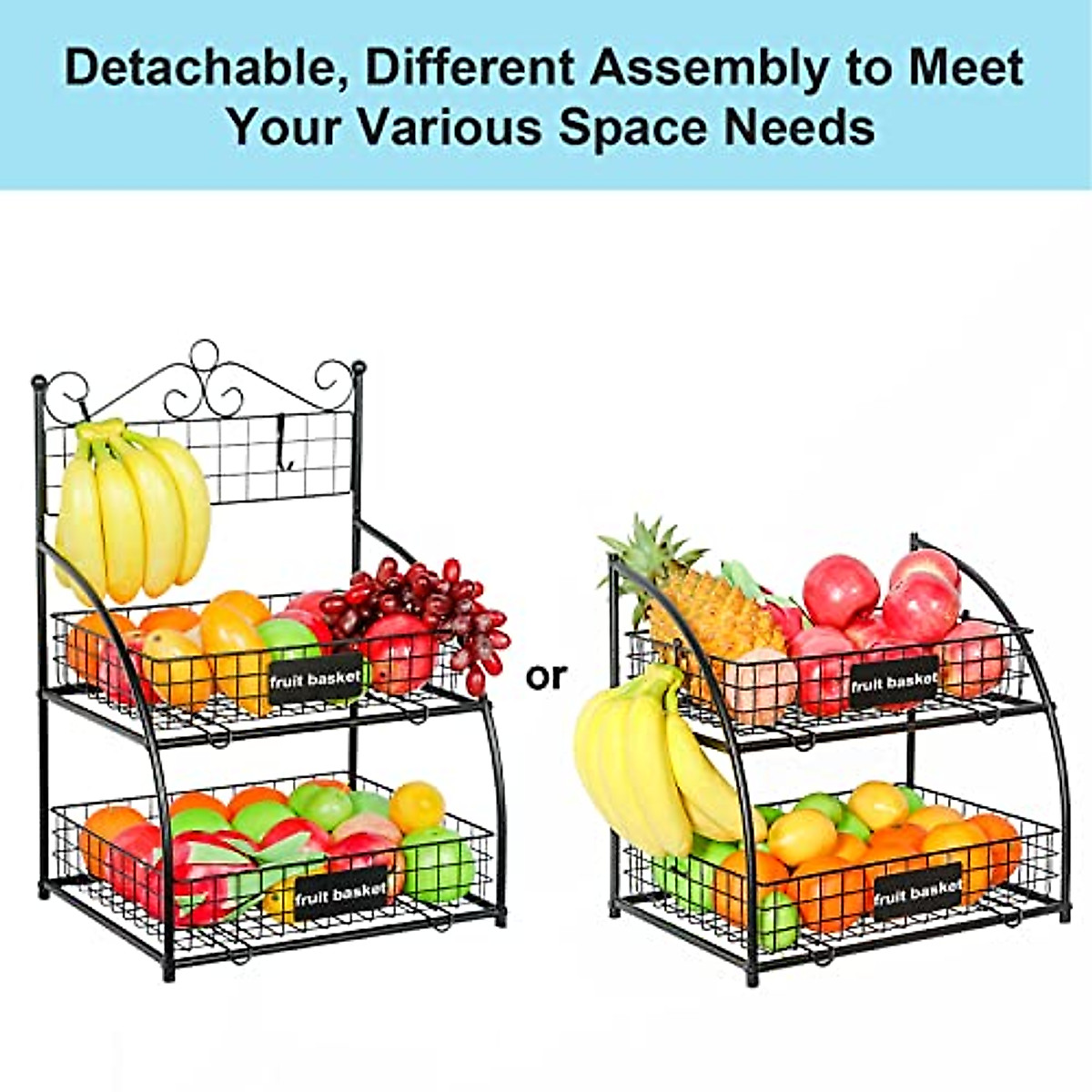 2-Tier Fruit Basket for Kitchen, Bananas Hanger Hook Holder &Countertop Tiered Fruit and Vegetable Storage Bowl Stand, Detachable, Easy to Assemble, Large Capacity for Home Kitchen Organizer-Black