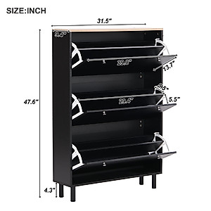 HEPMIMZHU Narrow Shoe Cabinet with 3 Flip Drawers, Wood Grain Pattern Top Entryway Organizer with 3 Hooks, Free Standing Shoe Rack with Adjustable Panel for Hallway (Black)