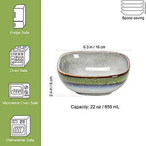 HENXFEN LEAD Ceramic Cereal Bowls, Square Serving Bowls 22 Oz for Side Dish, Appetizers, Salad - Oatmeal, Soup, Fruit Bowls Microwave Oven Safe, Set of 4 - Reactive Green