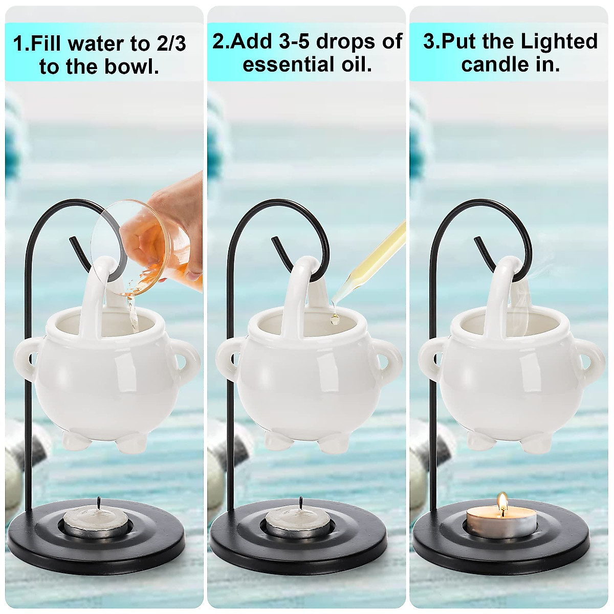 Jucoan 2 Pack Hanging Cauldron Oil Burner, Ceramic Essential Oil Wax Melt Burner Tealight, Witches Witchcraft for Halloween & Wiccan Rituals, Gothic Home Décor Gift