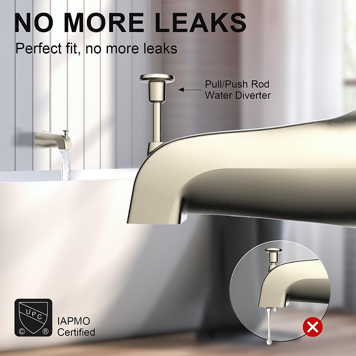 Gold Hao The Bathroom Universal Slip-On Tub Spout with Diverter - 5" Bathtub Faucet with Diverter, Easy to Install & Save Water Leaks in Minutes, Fit 5/8" Copper Pipe (Brushed Nickel)