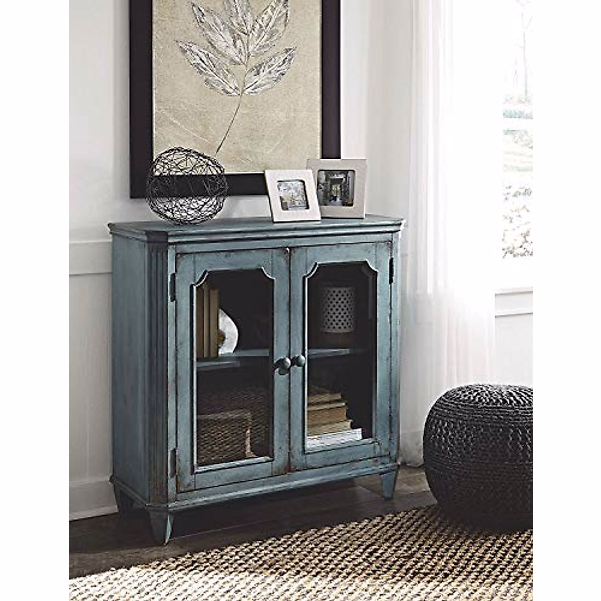 Signature Design by Ashley Mirimyn Vintage 36" 2-Door Accent Cabinet with Glass Inlay and Adjustable Shelf, Blue