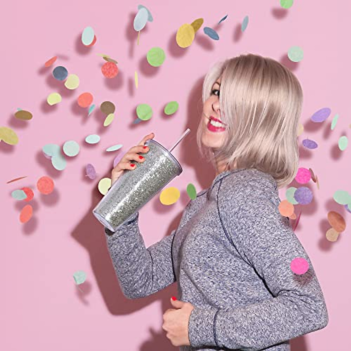 Blush Silver Glam Double Walled Glitter 24oz Tumbler | Reusable, Leak-Proof, Travel, Clear Plastic, Slim, Iced Coffee Cup with Silicone Seal, Screw-On-Lid, and Straw, 1 Count (Pack of 1)