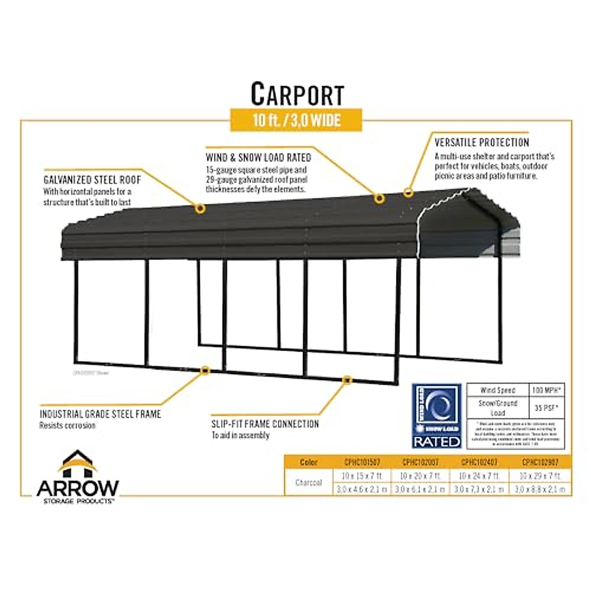 Arrow CPHC102407 Heavy Duty Galvanized Steel Metal Multi-Use Shelter, Shade, Carport, 10' x 24' x 7'