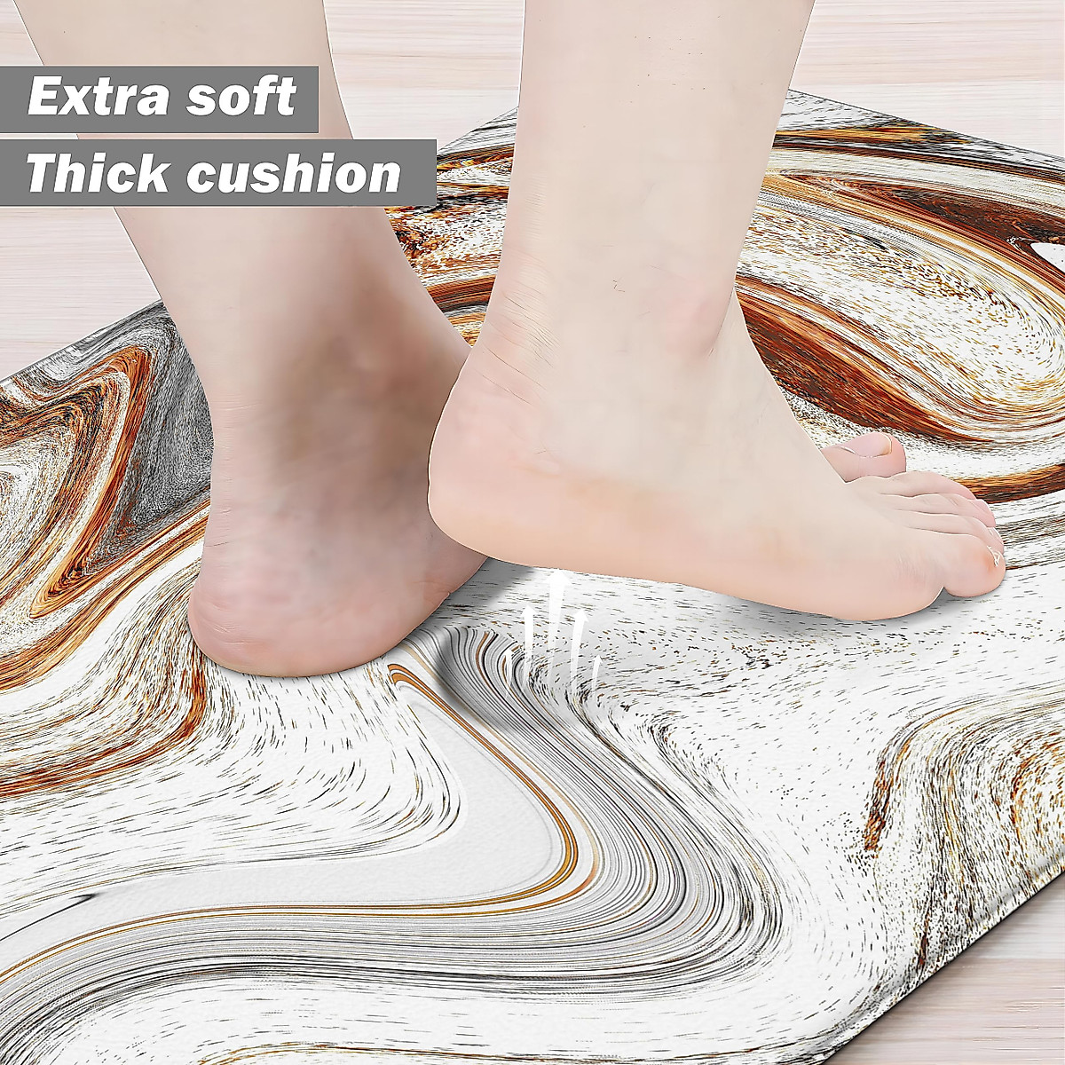 Kitchen Mats for Floor Anti Fatigue Floor Marble Cushioned Memory Foam Non Slip PVC Leather Padded Comfort Standing Rugs Set of 2, Abstract Golden Swirl Design, C1