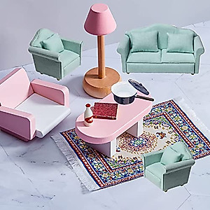 9Pcs Dollhouse Sofa Set,1/12 Dollhouse Decor 3Pcs Dark Green Fabric Sofa, 4Pcs Pillow and 2Pcs Miniature Carpet Turkey Rugs Miniature Furniture Toy for Kids Gift
