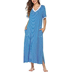 Ekouaer Womens, Full Length Long Nightgown Nightshirt with Pockets, Yarn Dyed Fabric2, Large
