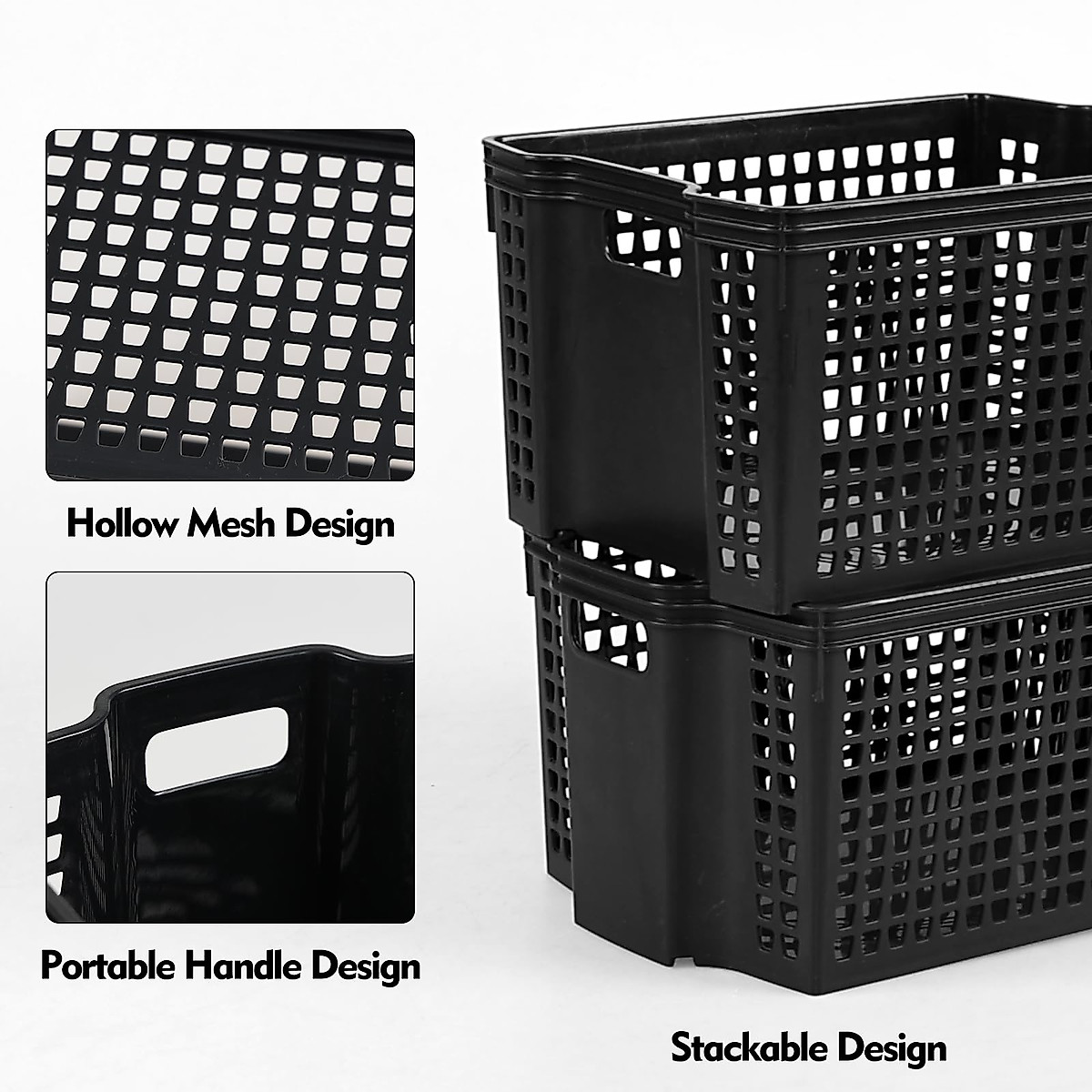 Anbers Plastic Stackable Storage Baskets, 6 Packs Small Stacking Basket Bins, Black
