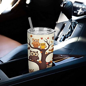 ZXDSKGYN 20 Oz Tumbler With Straw Leak Proof Thermos Cup, Cartoon Family Owls On The Brown Tree Stainless Steel Insulated Travel Coffee Mug Fit for Car Cup Holder