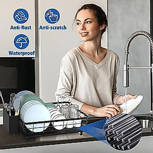 LIONONLY Large Dish Drying Rack with Drainboard, Stainless Steel Dish Rack for Kitchen Counter,Detachable Dish Drainer Organizer Shelf with Utensil Holder Set (Black)