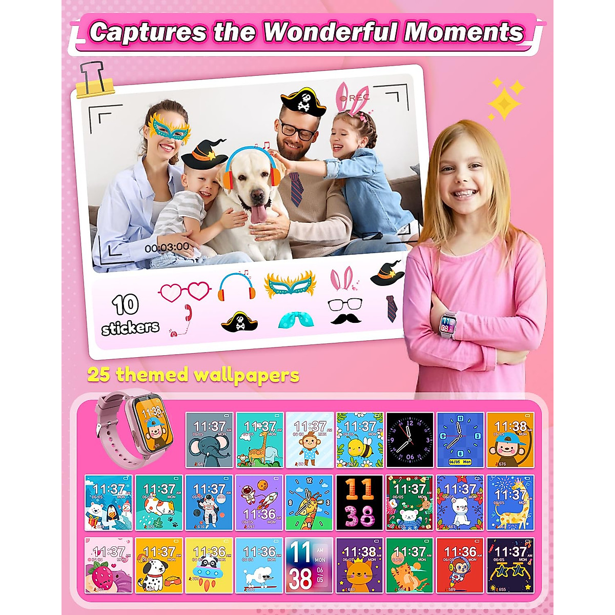 Sueseip Kids Smart Watches Girls Toys Age 6-8, HD Touchscreen Dual Cameras Kids Watch for Girls Ages 8-10, Kids Toy with 35 Games MP3 Learn Card for 5 6 7 8 9 Year Old Girls Christmas Birthday Gifts