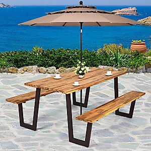 HAPPYGRILL Outdoor Picnic Table Bench Set with Wooden Top & Steel Frame, Patio Dining Picnic Table Set with Umbrella Hole for Garden Backyard